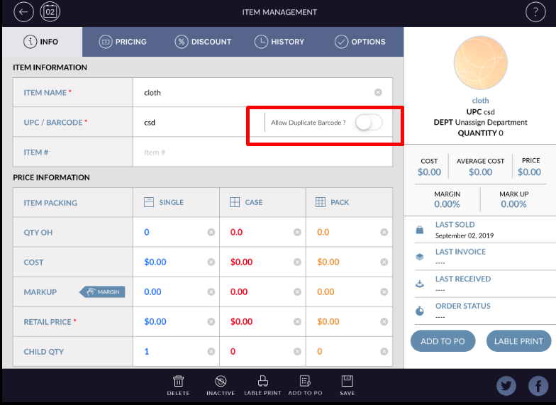 When barcode button is set off then you cannot add duplicate barcode in ...