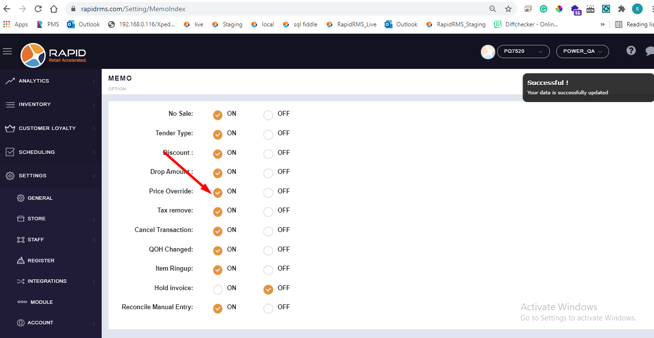 Restart rapid rms application. Go to cash register and ring up one item in bill. Swipe that item ...