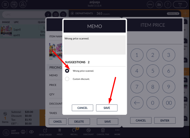 Select proper reason for price change. Save text. Memo would save for ...